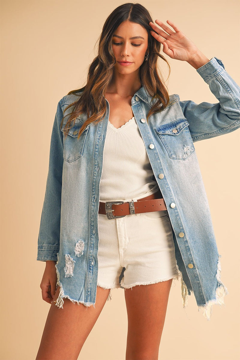 Beau Blue Light Wash Distressed Frayed Long Denim Shacket - Bel Air ...